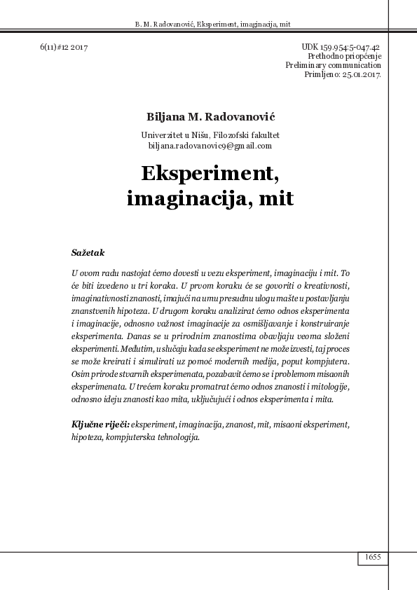 (PDF) Experiment, Imagination, Myth | Biljana Radovanovic - Academia.edu