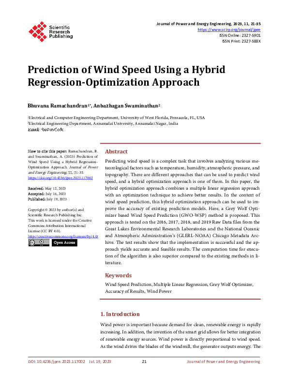 (PDF) Prediction of Wind Speed Using a Hybrid Regression-Optimization Approach