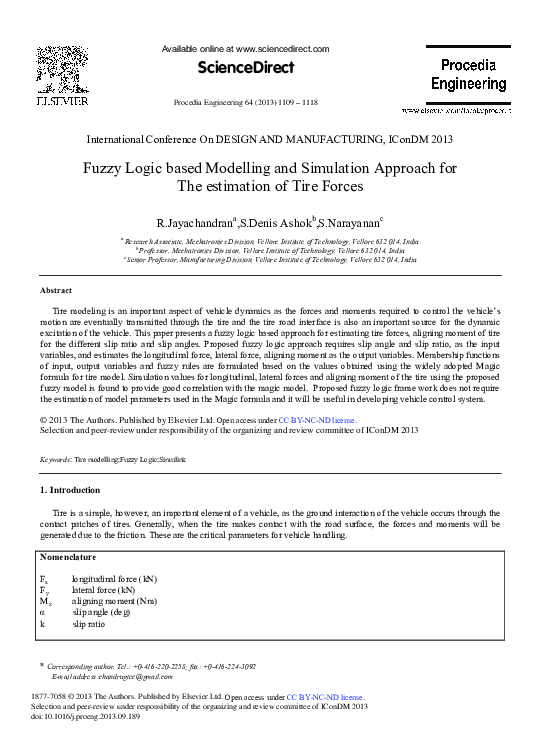 (PDF) Fuzzy Logic based Modelling and Simulation Approach for the estimation of Tire Forces