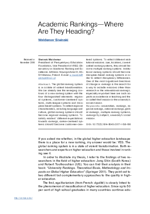 (PDF) Academic Rankings — Where Are They Heading?