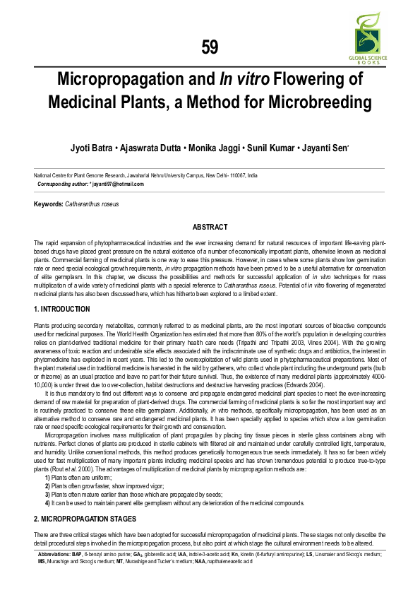 (PDF) Micropropagation and In vitro Flowering of Medicinal Plants, a ...