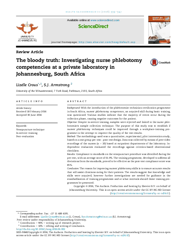 (PDF) The bloody truth: Investigating nurse phlebotomy competencies at ...