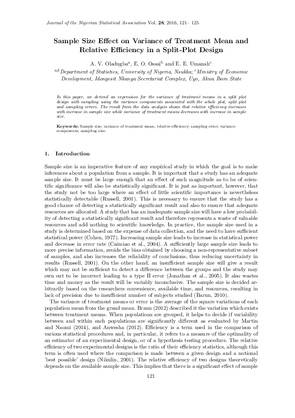 (PDF) Sample Size Effect on Variance of Treatment Mean and Relative Efficiency in a Split-Plot ...