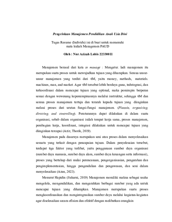 (DOC) Pengelolaan Manajemen Pendidikan Anak Usia Dini Tugas Resume (Individu) ini di buat untuk ...