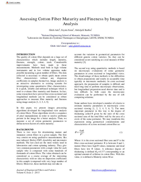 (PDF) Assessing Cotton Fiber Maturity and Fineness by Image Analysis