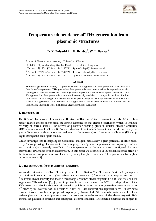 (PDF) Temperature dependence of THz generation from plasmonic ...