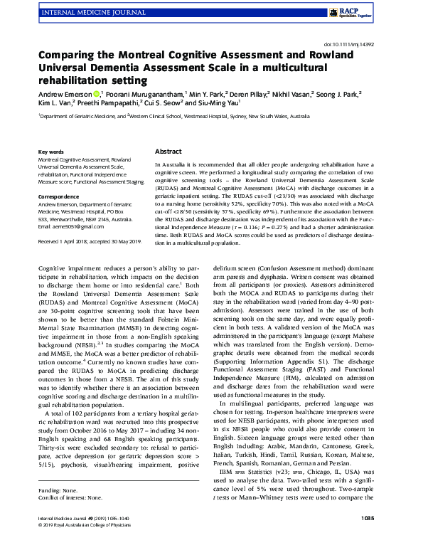 (PDF) Comparing the Montreal Cognitive Assessment and Rowland Universal ...
