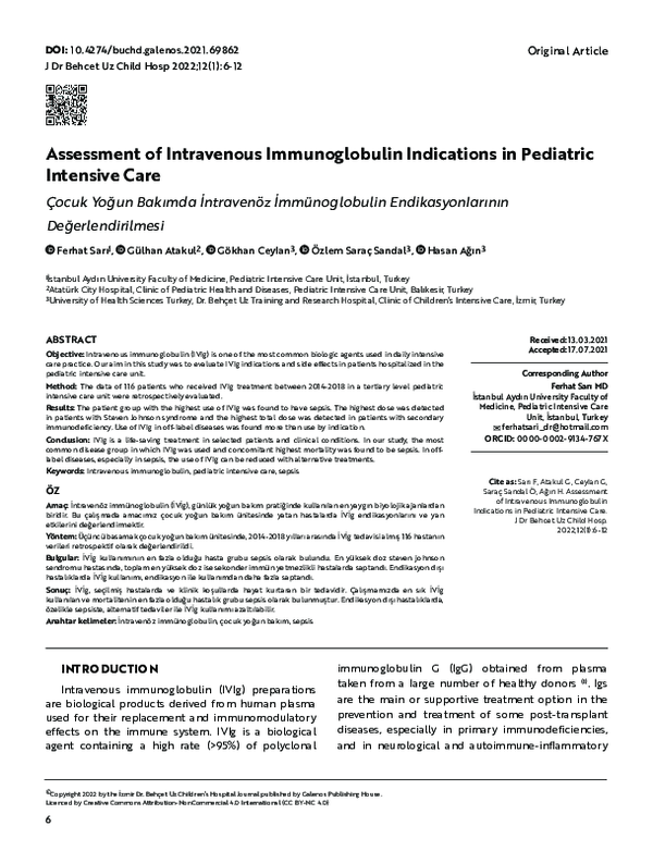(PDF) Assessment of Intravenous Immunoglobulin Indications in Pediatric ...
