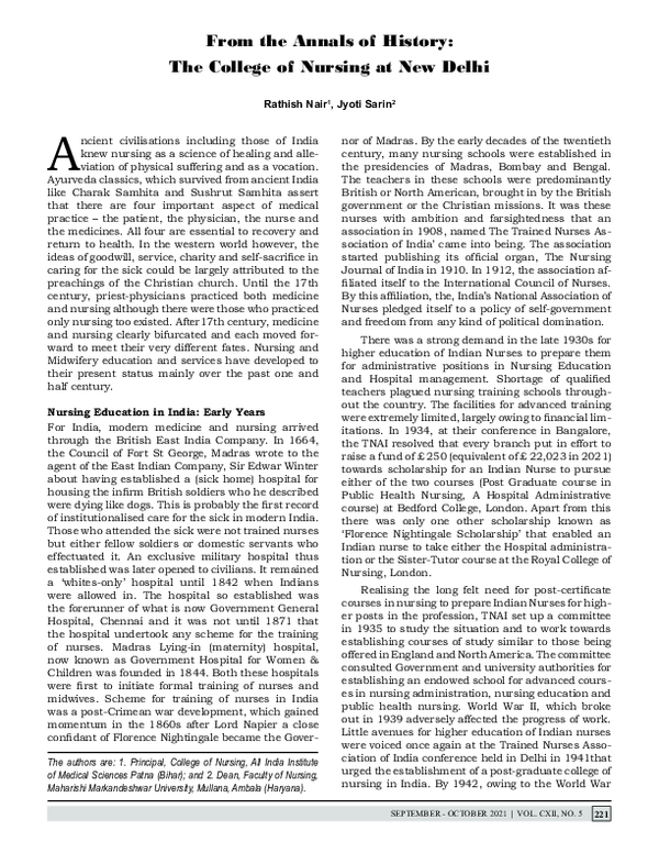 (PDF) From the Annals of History: The College of Nursing at New Delhi
