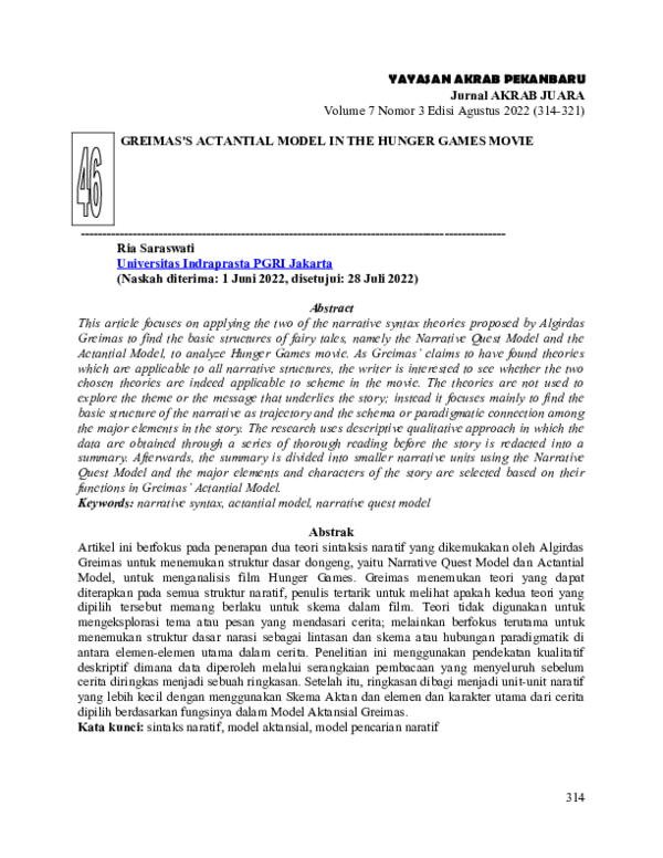 (PDF) Greimas's Actantial Model in the Hunger Games Movie