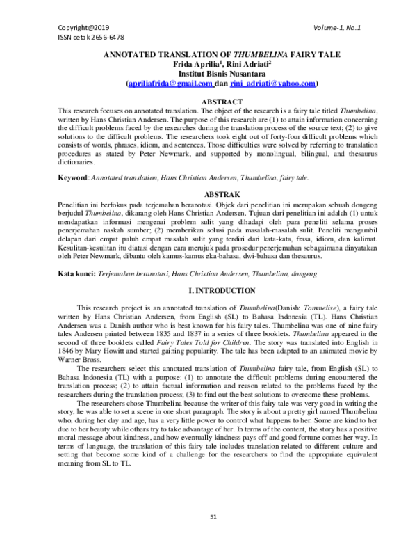 (PDF) Annotated Translation of Thumbelina Fairy Tale