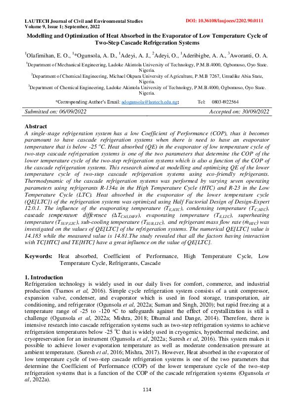 (PDF) Modelling and Optimization of Heat Absorbed in the Evaporator of ...