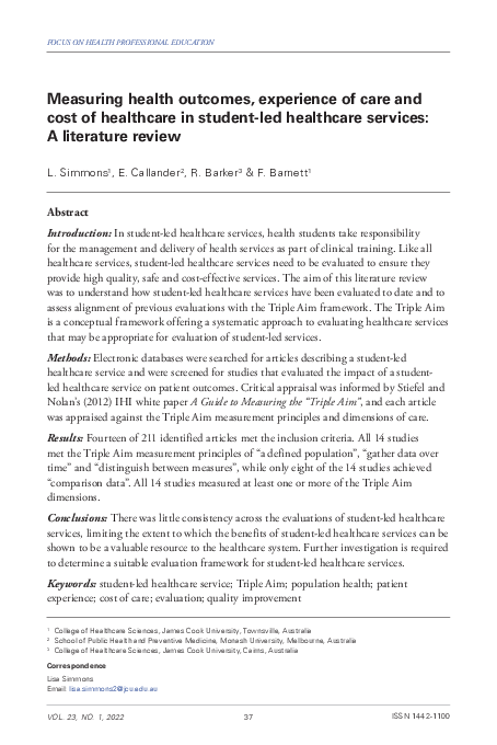 (PDF) Measuring health outcomes, experience of care and cost of ...