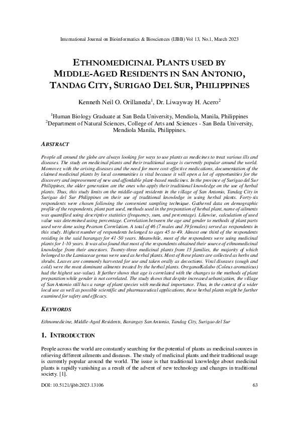 (PDF) Ethnomedicinal Plants Used by Middle-Aged Residents in San Antonio, Tandag City, Surigao ...
