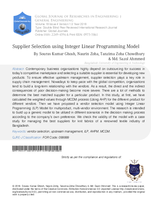 Pdf Supplier Selection Using Integer Linear Programming Model