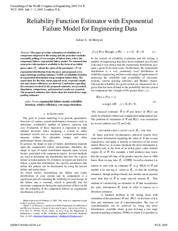 (PDF) Reliability Function Estimator with Exponential Failure Model for Engineering Data