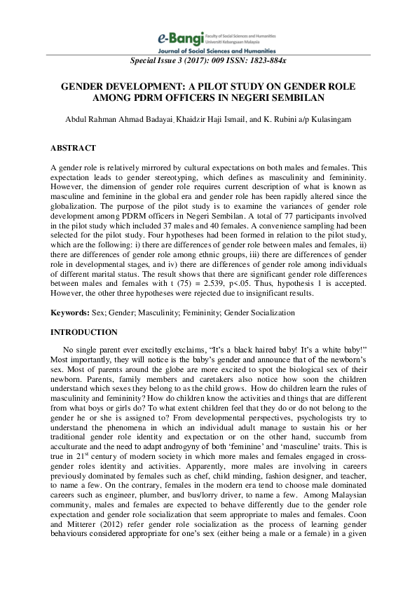 (PDF) Gender Development: A Pilot Study on Gender Role Among PDRM Officers in Negeri Sembilan