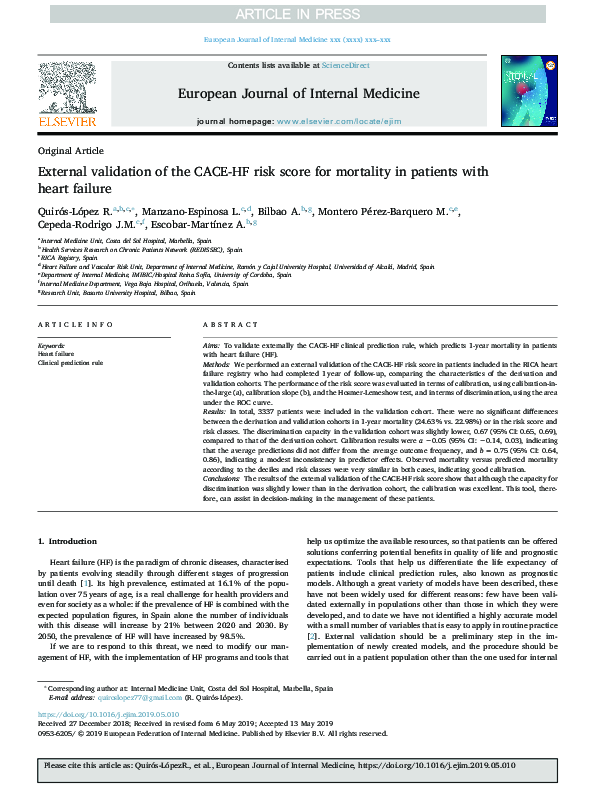 (PDF) External validation of the CACE-HF risk score for mortality in patients with heart failure ...