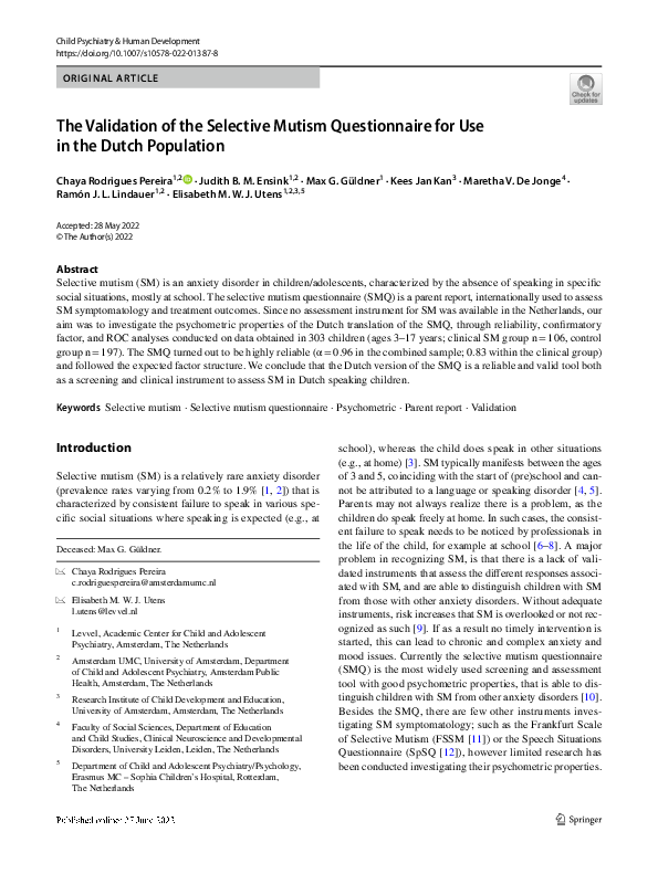 (PDF) The Validation of the Selective Mutism Questionnaire for Use in the Dutch Population
