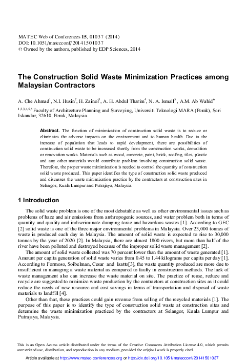 (PDF) The Construction Solid Waste Minimization Practices among ...