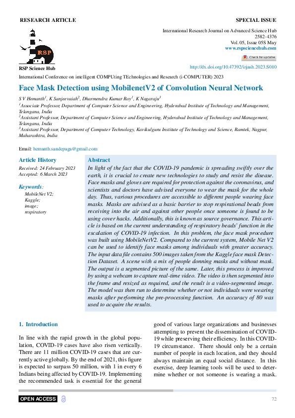 Pdf Face Mask Detection Using Mobilenetv2 Of Convolution Neural Network