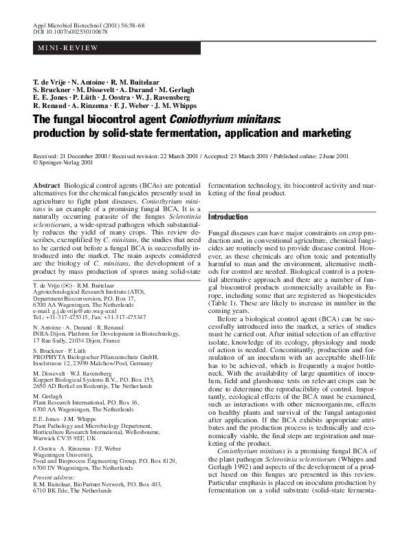 (PDF) The fungal biocontrol agent Coniothyrium minitans : production by ...