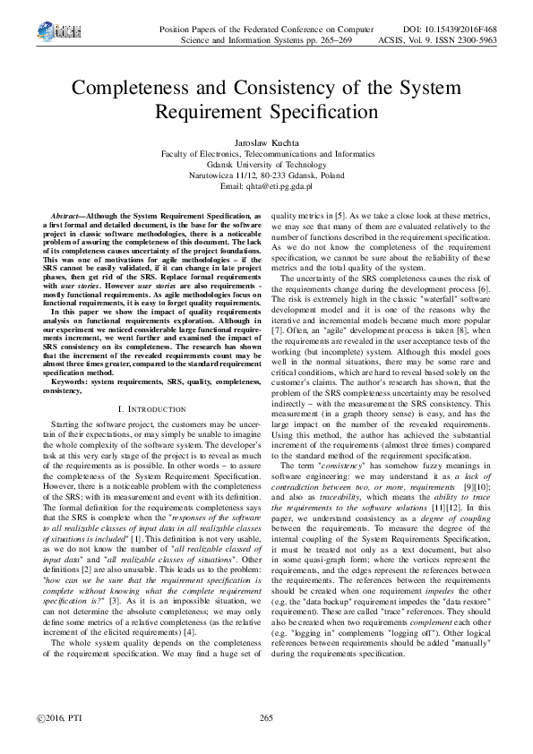 (PDF) Completeness and Consistency of the System Requirement Specification
