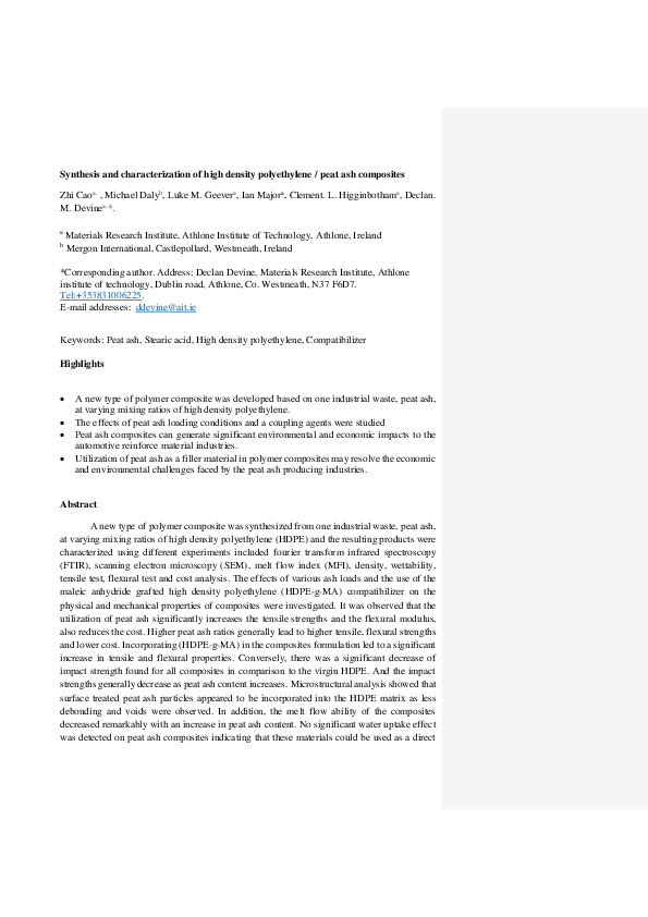 (PDF) Synthesis and characterization of high density polyethylene/peat ...