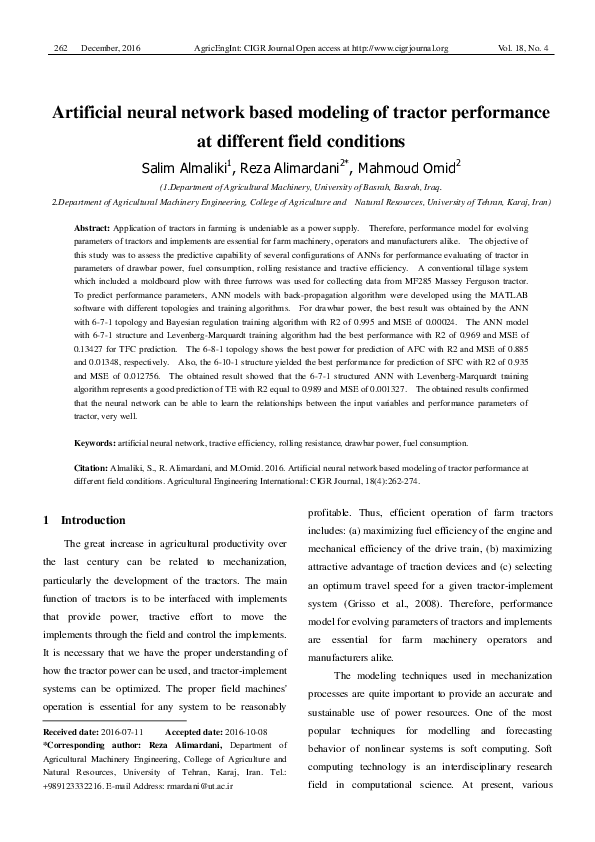 Pdf Artificial Neural Network Based Modeling Of Tractor Performance At Different Field Conditions