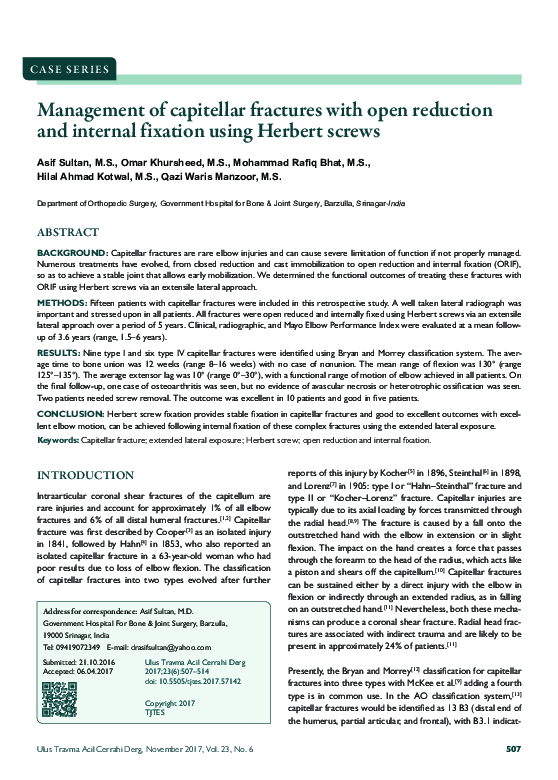 (PDF) Management of capitellum fractures by open reduction and internal ...