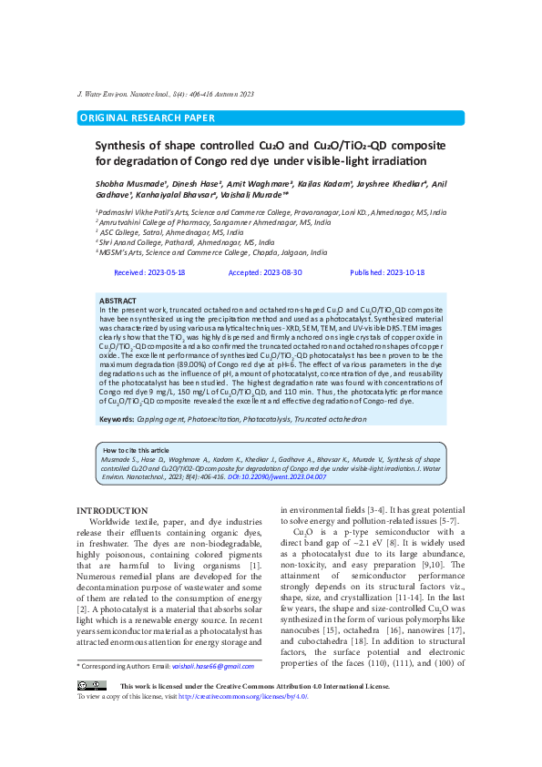 (PDF) Synthesis of shape controlled Cu2O and Cu2O/TiO2-QD composite for degradation of Congo red ...
