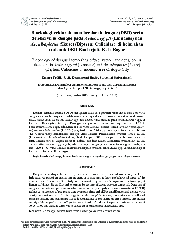 (PDF) Bioekologi vektor demam berdarah dengue (DBD) serta deteksi virus ...
