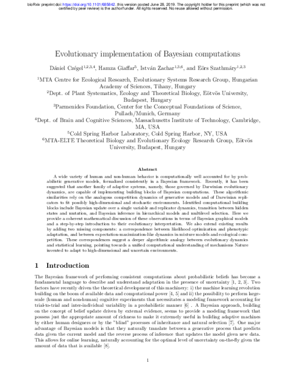 Pdf Evolutionary Implementation Of Bayesian Computations Eors Szathmary