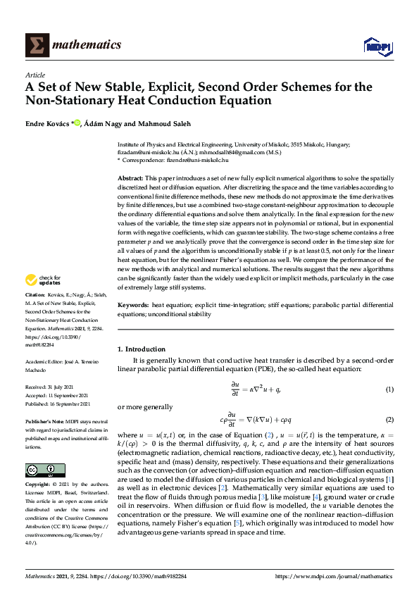 (PDF) A Set of New Stable, Explicit, Second Order Schemes for the Non-Stationary Heat Conduction ...