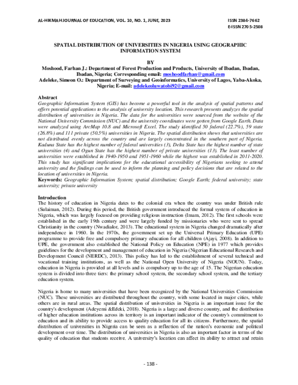 (PDF) SPATIAL DISTRIBUTION OF UNIVERSITIES IN NIGERIA USING GEOGRAPHIC INFORMATION SYSTEM