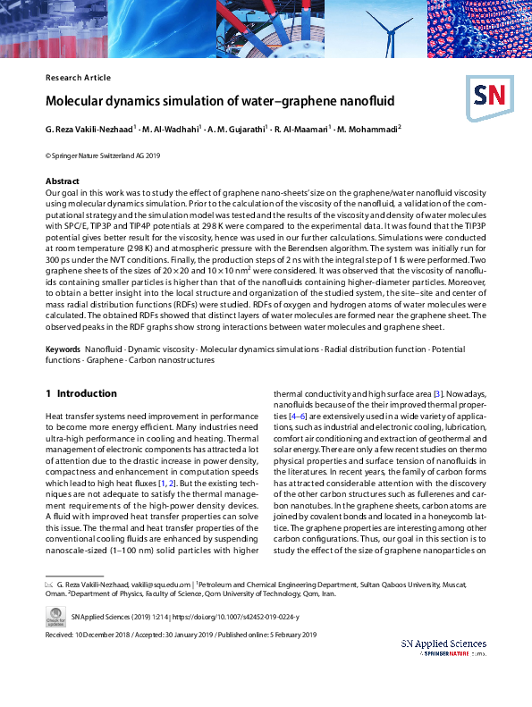 (PDF) Molecular dynamics simulation of water–graphene nanofluid