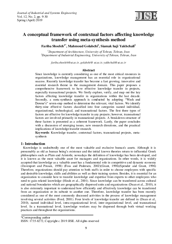 (PDF) A conceptual framework of contextual factors affecting knowledge transfer using meta ...