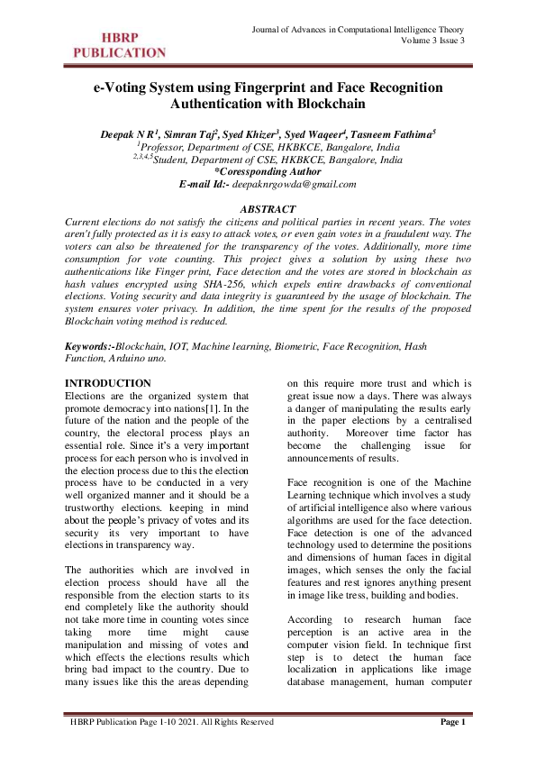 (PDF) e-Voting System using Fingerprint and Face Recognition Authentication with Blockchain