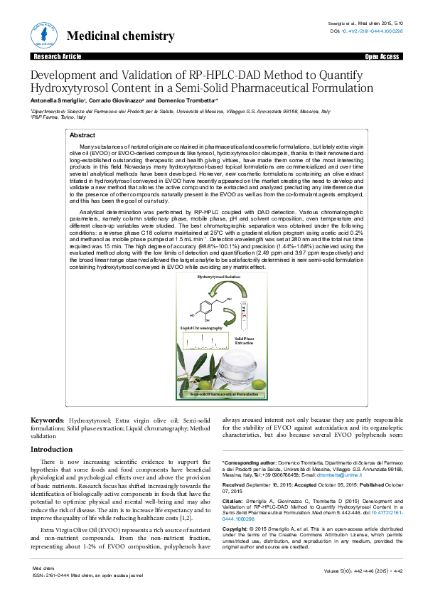 (PDF) Development and Validation of RP-HPLC-DAD Method to Quantify Hydroxytyrosol Content in a ...