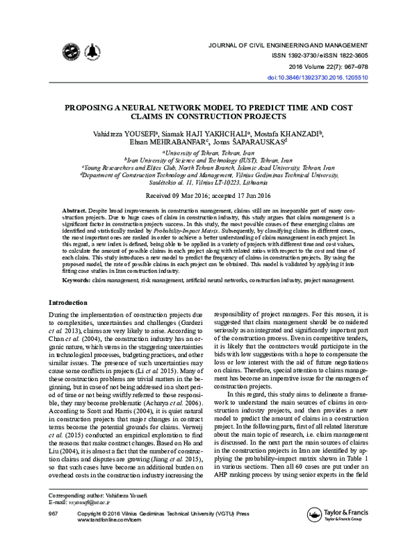 Pdf Proposing A Neural Network Model To Predict Time And Cost Claims