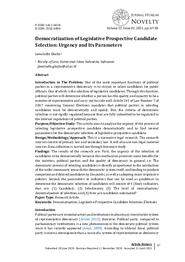 (PDF) Democratization of Legislative Prospective Candidate Selection ...