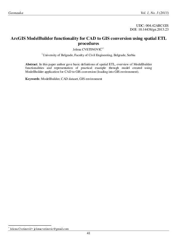 Pdf Arcgis Modelbuilder Functionality For Cad To Gis Conversion Using Spatial Etl Procedures 