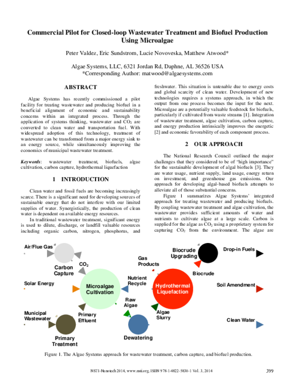 (PDF) Commercial pilot for closed-loop wastewater treatment and biofuel production using microalgae