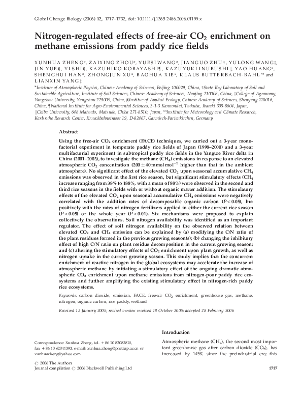 (PDF) Nitrogen‐regulated effects of free‐air CO2 enrichment on methane emissions from paddy rice ...