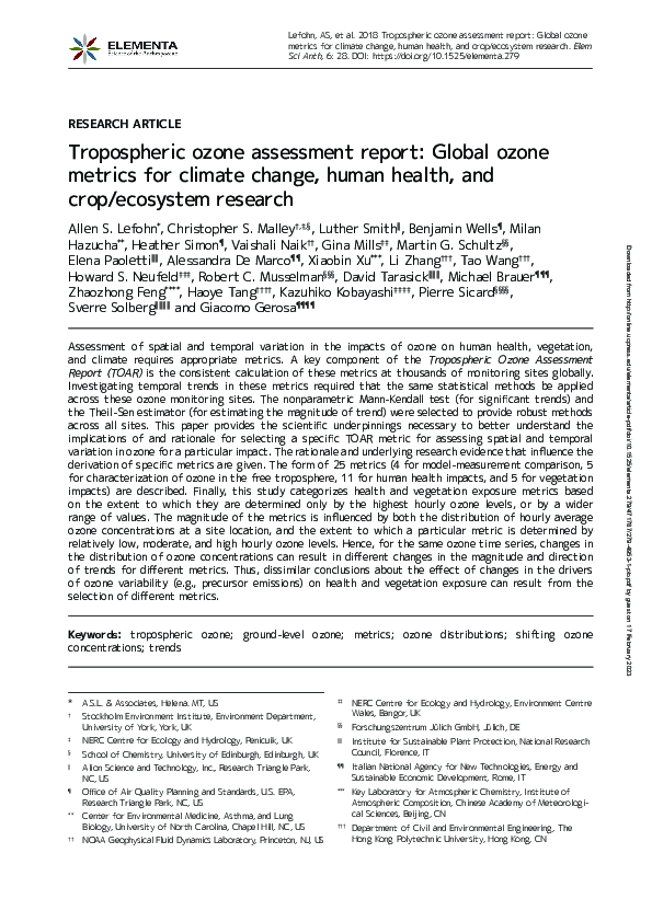 (PDF) Tropospheric ozone assessment report: Global ozone metrics for ...