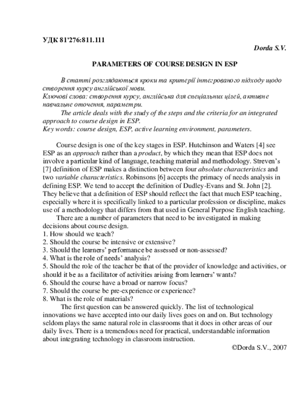 (PDF) Parameters Of Course Design In Esp