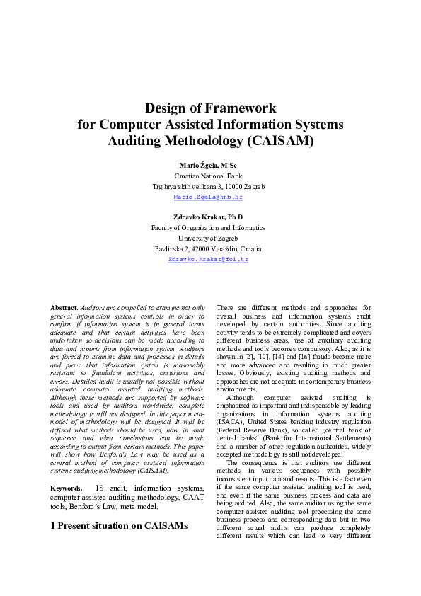 (PDF) Design of Framework for Computer Assisted Information System Auditing Methodology