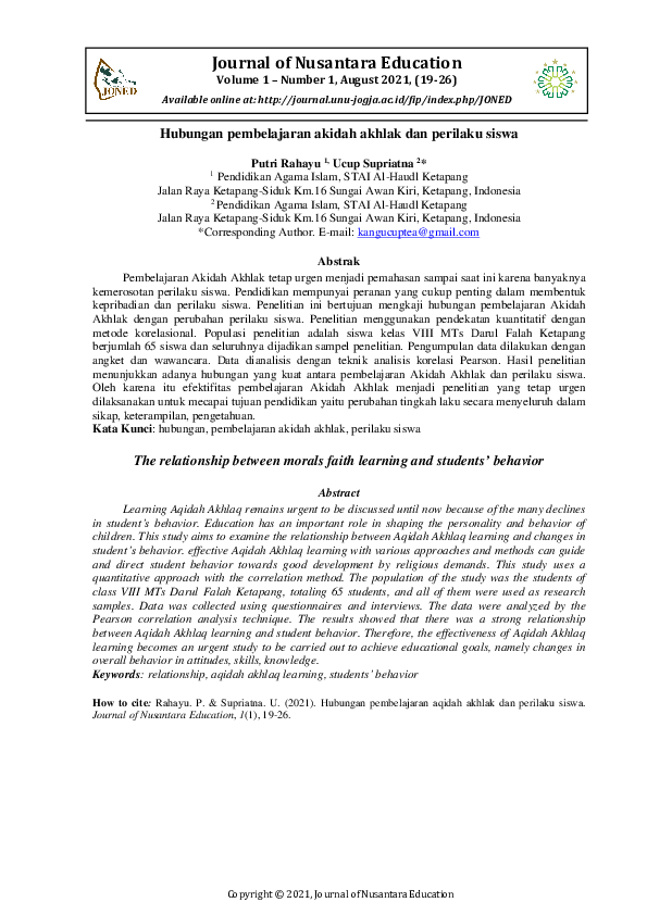 (PDF) Hubungan pembelajaran akidah akhlak dan perilaku siswa