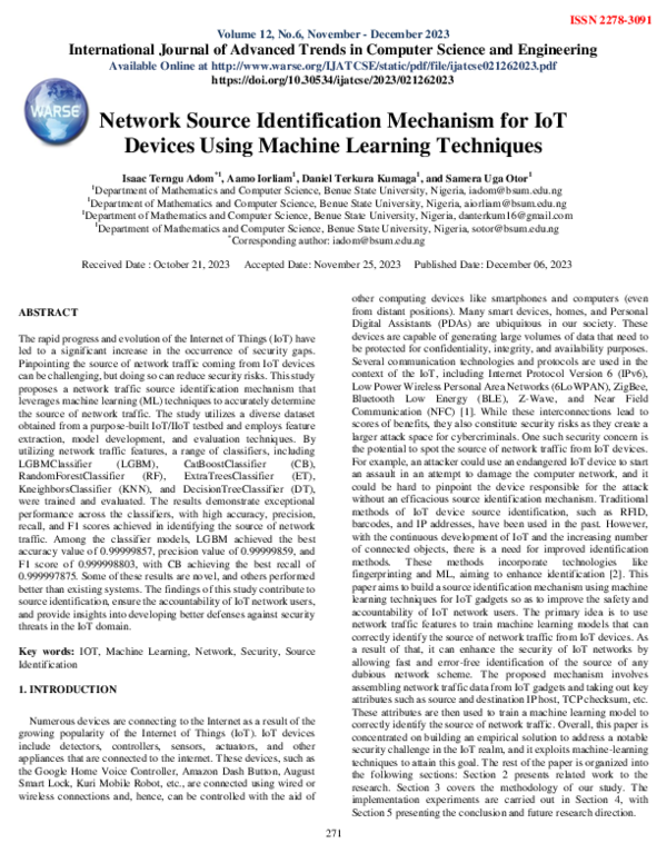 (PDF) Network Source Identification Mechanism for IoT Devices Using Machine Learning Techniques