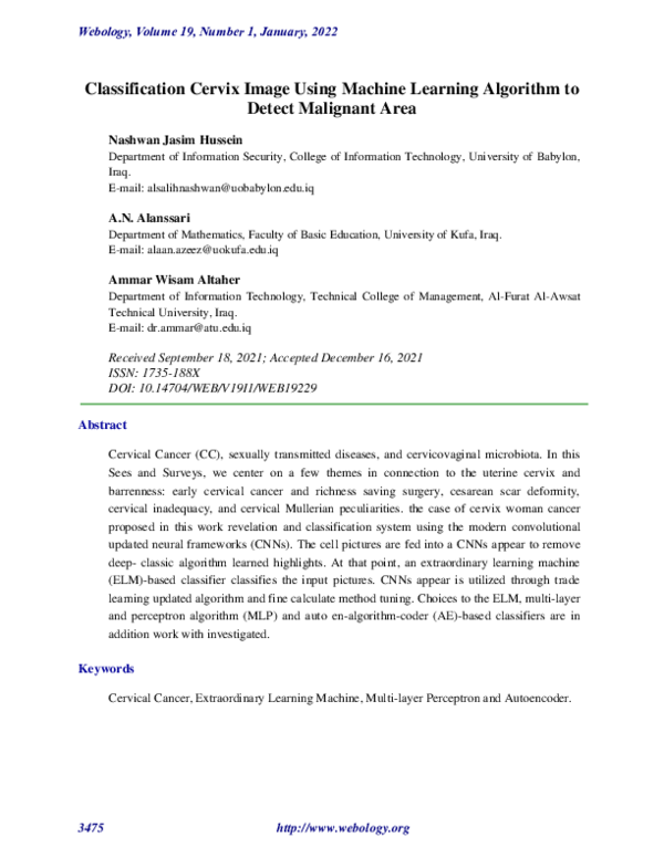 Pdf Classification Cervix Image Using Machine Learning Algorithm To Detect Malignant Area
